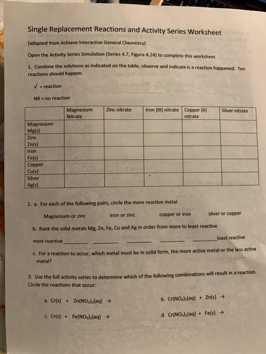 Solved Single Replacement Reactions and Activity Series | Chegg.com
