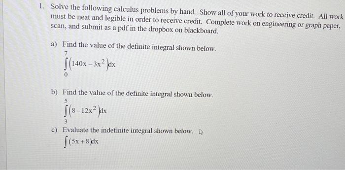 Solved 1. Solve the following calculus problems by hand. | Chegg.com