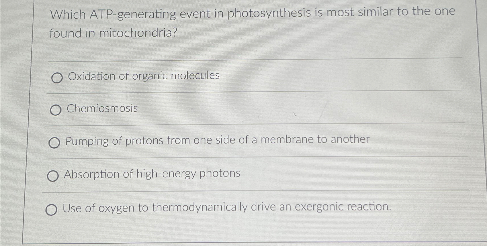Solved Which ATP-generating event in photosynthesis is most | Chegg.com