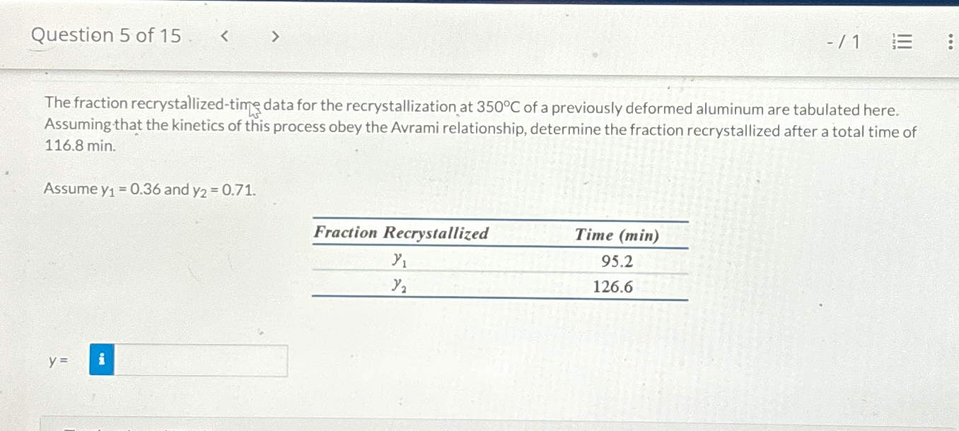 Solved Question 5 ﻿of 15-1The fraction recrystallized-time | Chegg.com