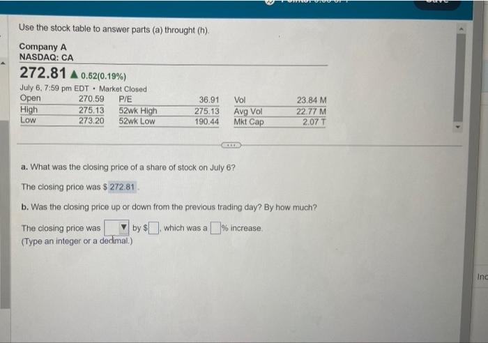 Solved Use the stock table to answer parts (a) throught (h). | Chegg.com