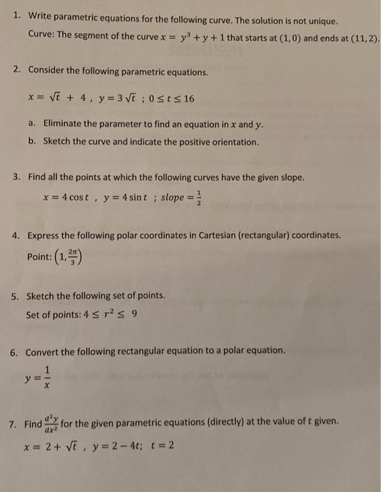 1 Write Parametric Equations For The Following