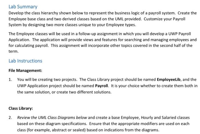 Lab Summary Develop the class hierarchy shown below | Chegg.com