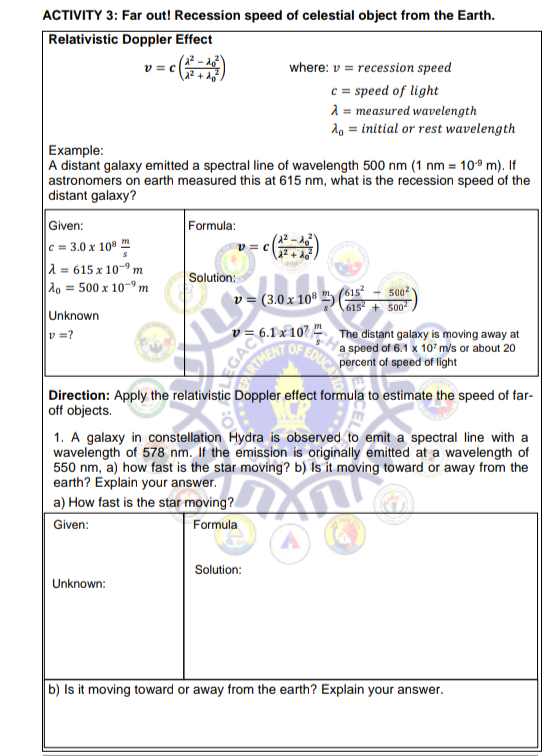 Solved 2 VEC V=C ACTIVITY 3: Far out! Recession speed of | Chegg.com