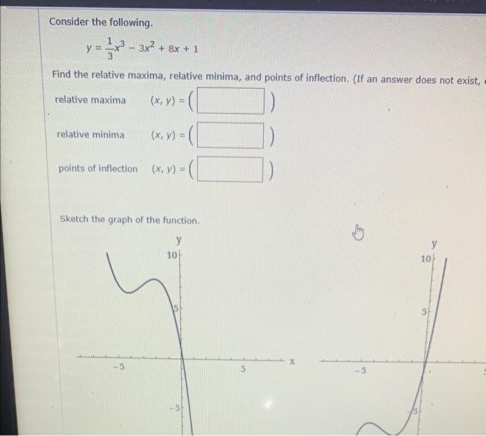 Solved Consider the following. y=31x3−3x2+8x+1 Find the | Chegg.com