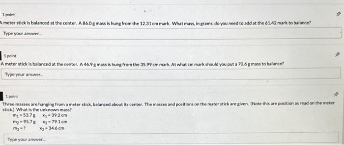 Solved Three masses are hanging from a meter stick, balanced | Chegg.com