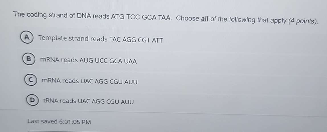 Solved The coding strand of DNA reads ATG TCC GCA TAA. | Chegg.com