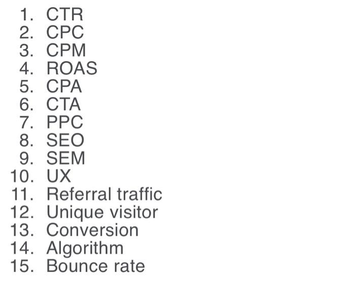 Solved 1. CTR 2. CPC 3. CPM 4. ROAS 5. CPA 6. CTA 7. PPC 8. | Chegg.com