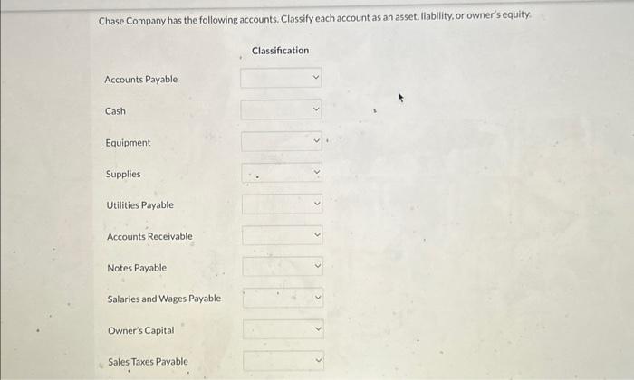 Solved Chase Company has the following accounts. Classify | Chegg.com