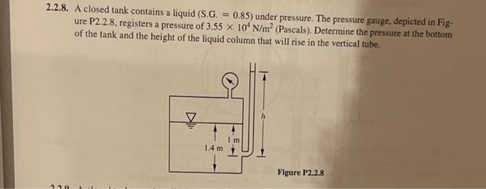 Solved 2.8. A closed tank contains a liquid (S.G.=0.85) | Chegg.com