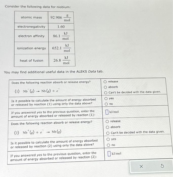Solved Consider the following data for niobium: You may find | Chegg.com