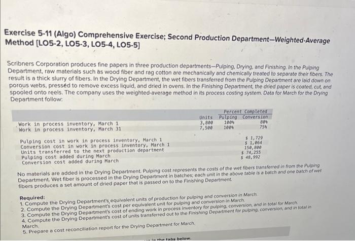 Solved Exercise 5-11 (Algo) Comprehensive Exercise; Second | Chegg.com