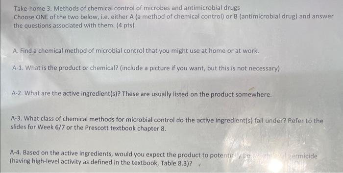 Take-home 3. Methods of chemical control of microbes | Chegg.com