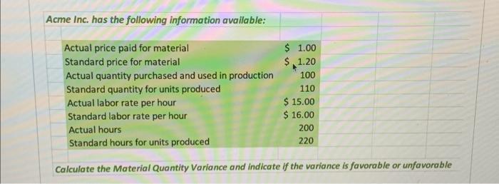 Solved Acme Inc. has the following information available: | Chegg.com