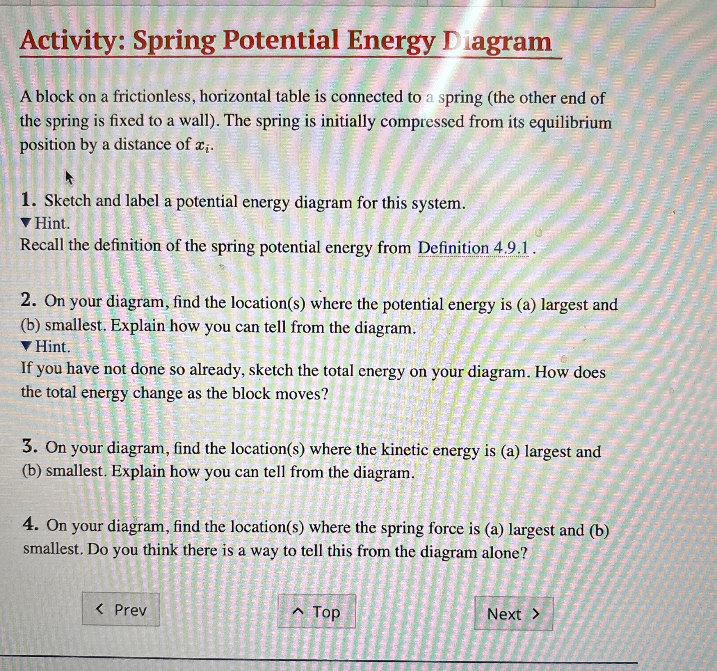 Solved Activity: Spring Potential Energy DiagramA block on a | Chegg.com