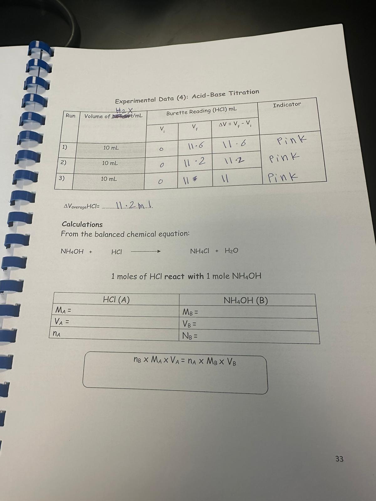 1 ﻿moles of HCI react with 1 ﻿mole NH_{4}OH | Chegg.com