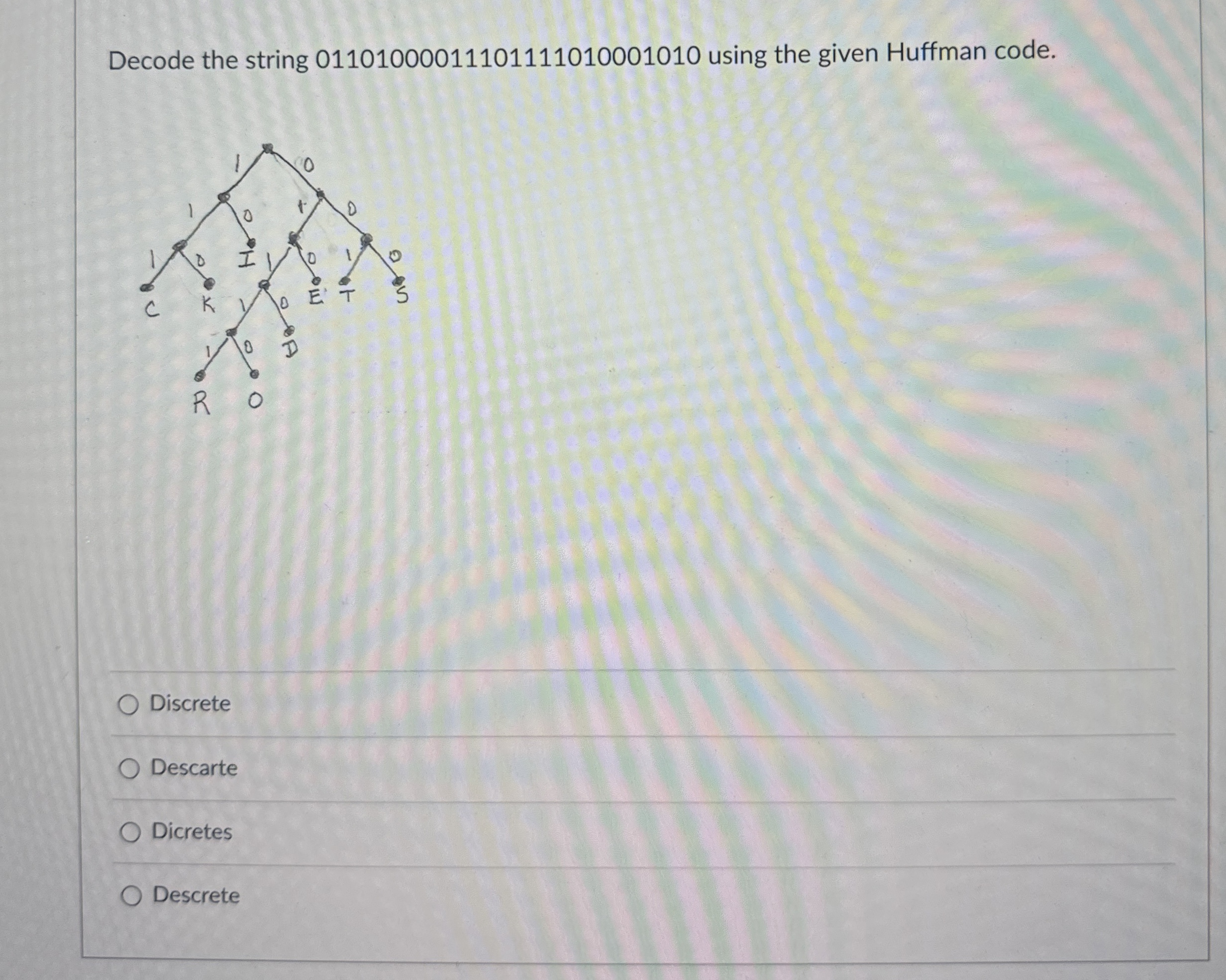 Solved Decode the string 01101000011101111010001010 ﻿using | Chegg.com