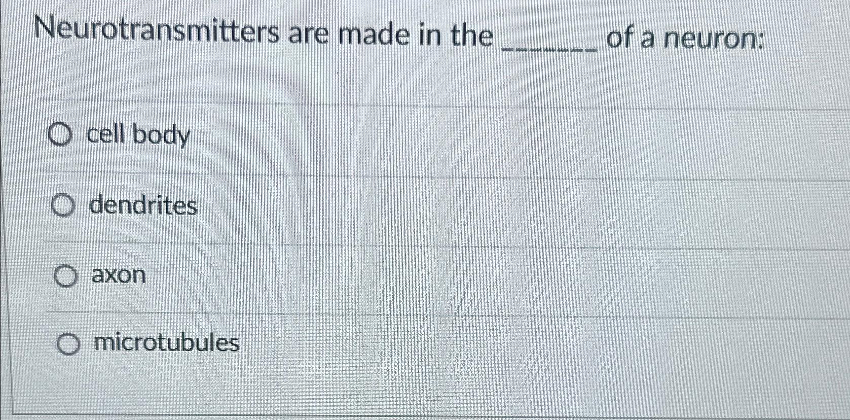 Solved Neurotransmitters are made in theof a neuron:cell | Chegg.com