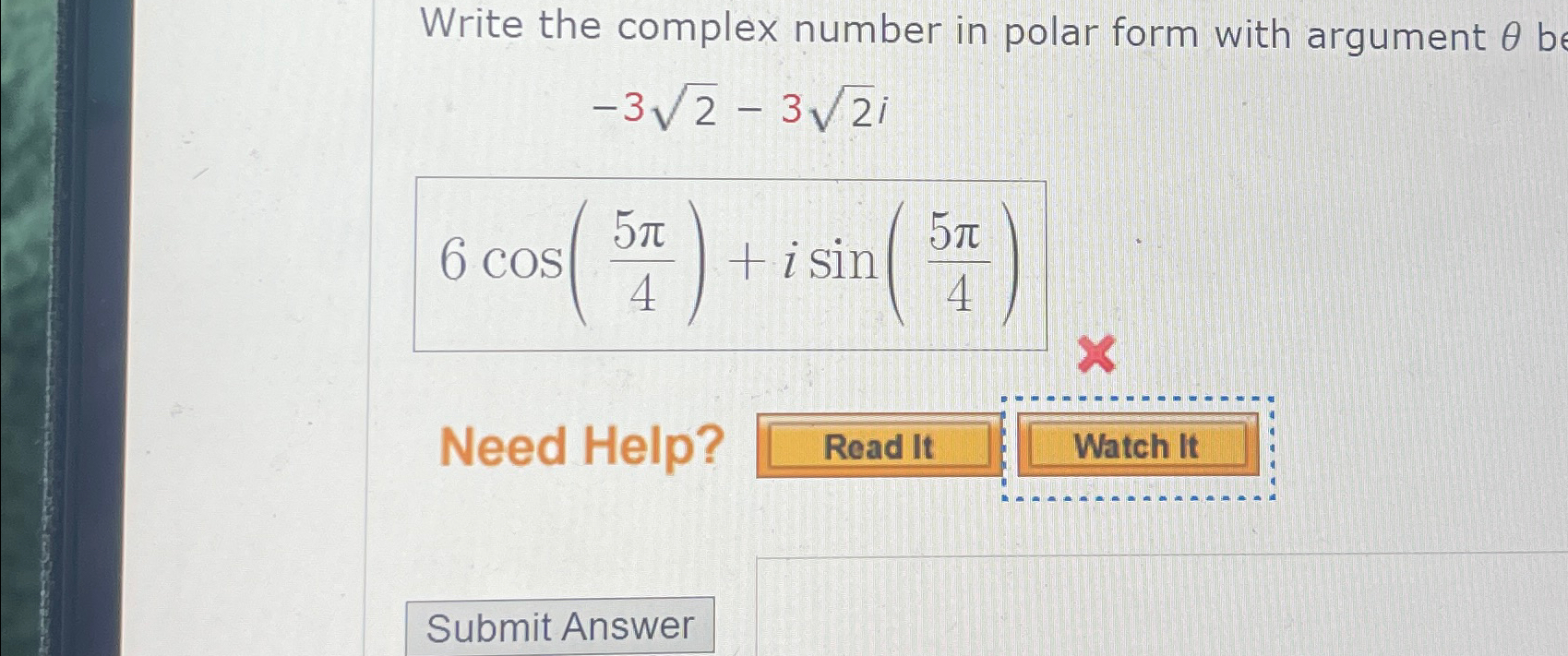 Solved Write the complex number in polar form with argument | Chegg.com