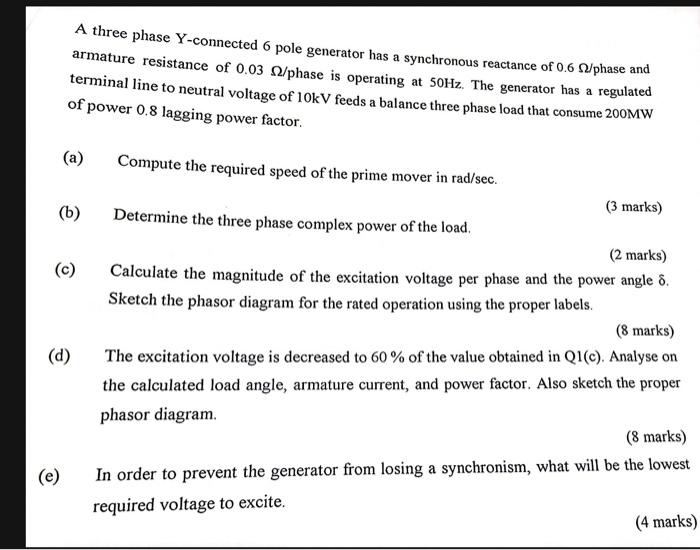 Solved A three phase Y-connected 6 pole generator has a | Chegg.com