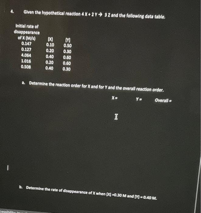 Solved 4. Given the hypothetical reaction 4X+2Y→3Z and the | Chegg.com