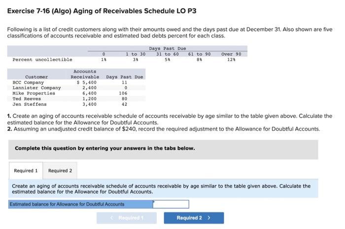 Solved Exercise 7-16 (Algo) Aging of Receivables Schedule LO | Chegg.com