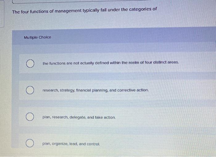 Solved The four functions of management typically fall under | Chegg.com