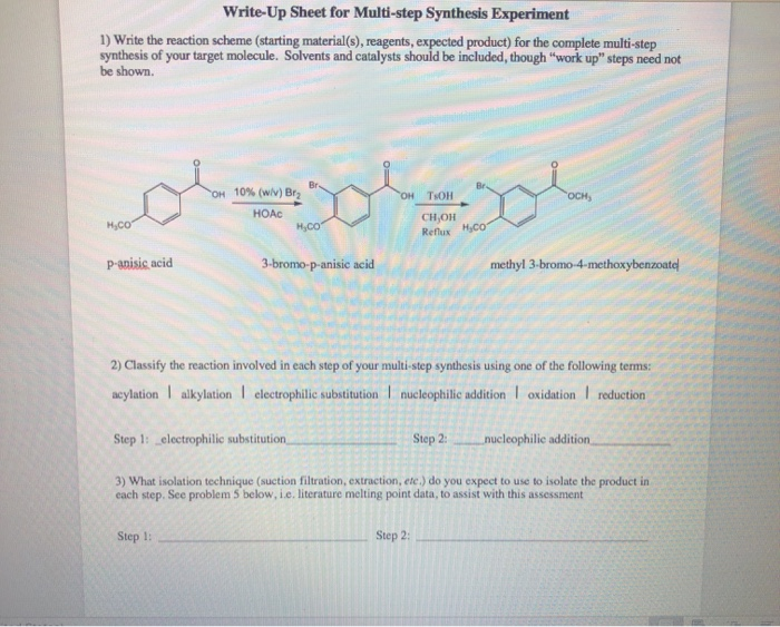 Solved Write-Up Sheet for Multi-step Synthesis Experiment 1) | Chegg.com