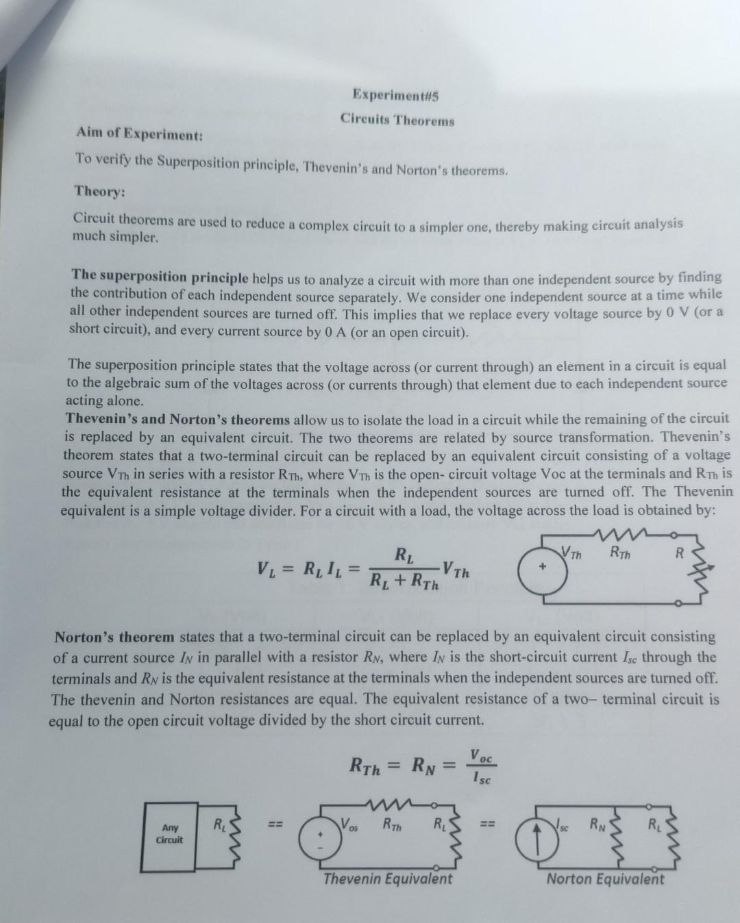 Solved Experiments Circuits Theorems Aim of Experiment: To | Chegg.com