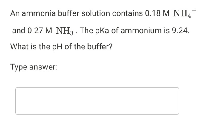 Solved An ammonia buffer solution contains 0.18 M NH4+ + and | Chegg.com