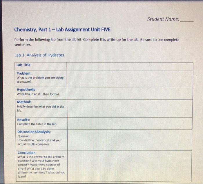 Solved Student Name: Chemistry, Part 1 - Lab Assignment Unit | Chegg.com