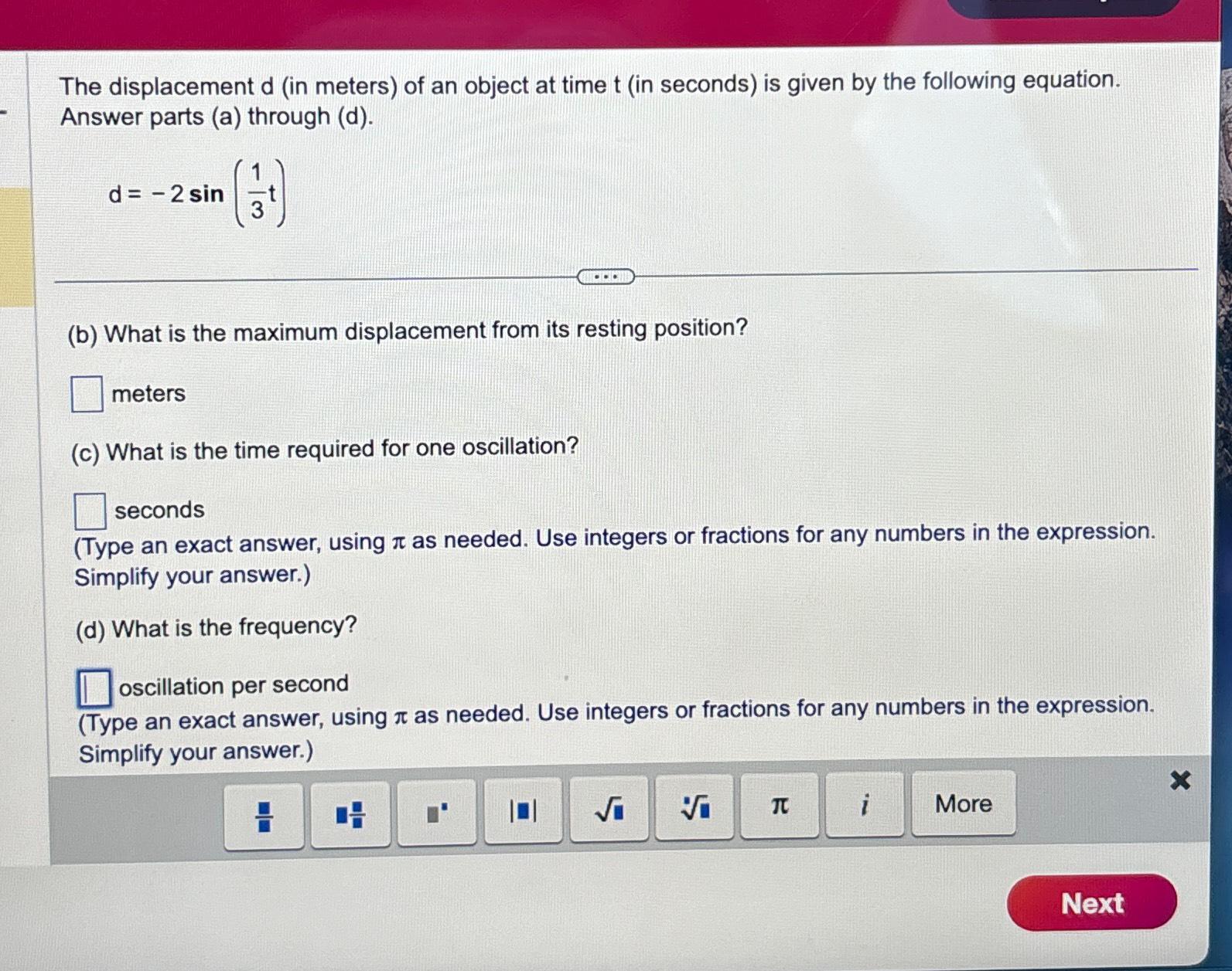 Solved The displacement d (in meters) ﻿of an object at time | Chegg.com