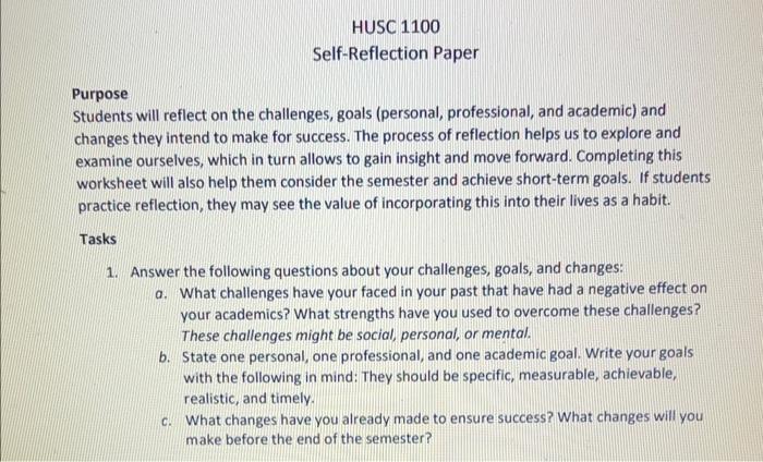 HUSC 1100 Self-Reflection Paper Purpose Students will | Chegg.com