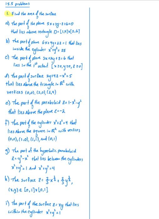 Solved 15.5 problems 1. Find the area of the surface a) The | Chegg.com