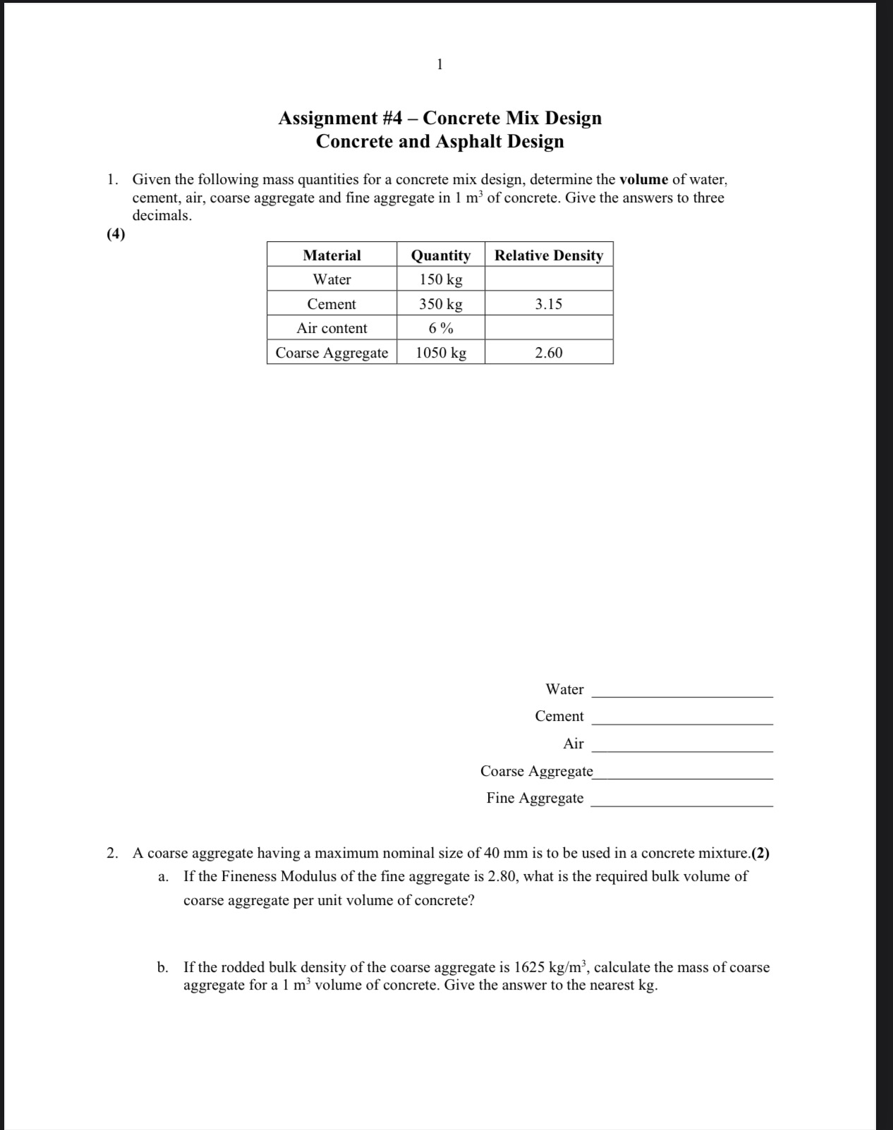 Solved Assignment #4 - ﻿Concrete Mix DesignConcrete and | Chegg.com