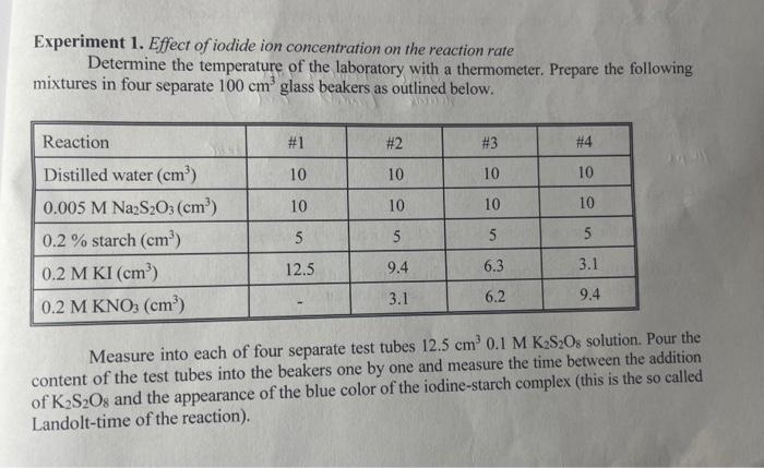 Solved Experiment 1. Effect of iodide ion concentration on | Chegg.com