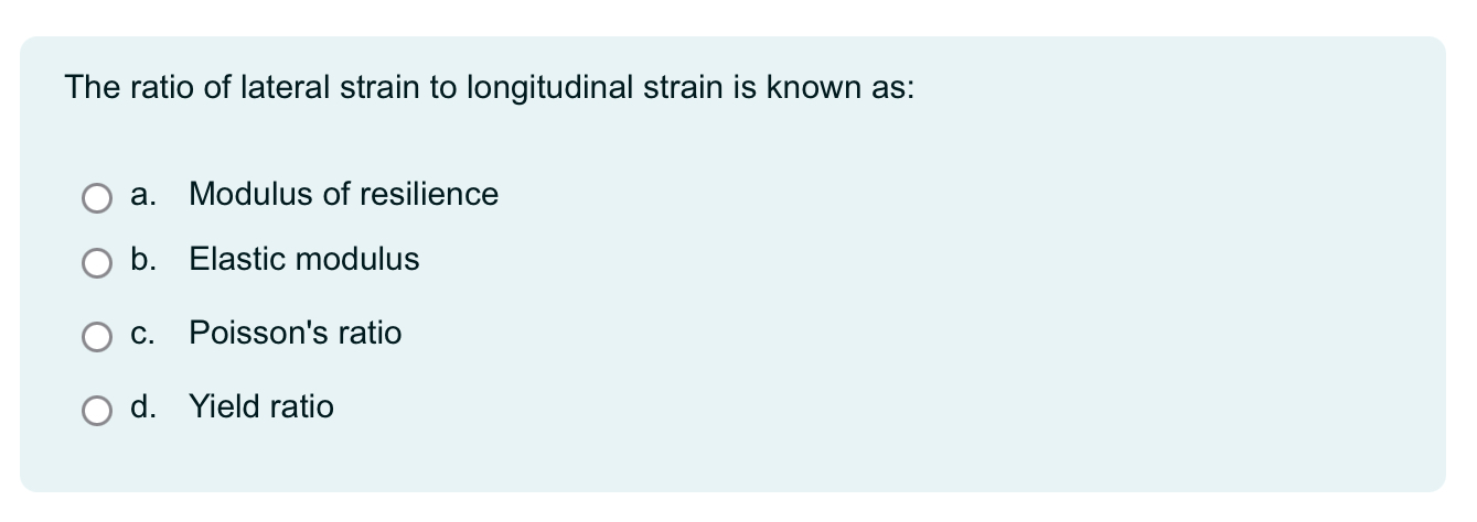 Solved The ratio of lateral strain to longitudinal strain is | Chegg.com