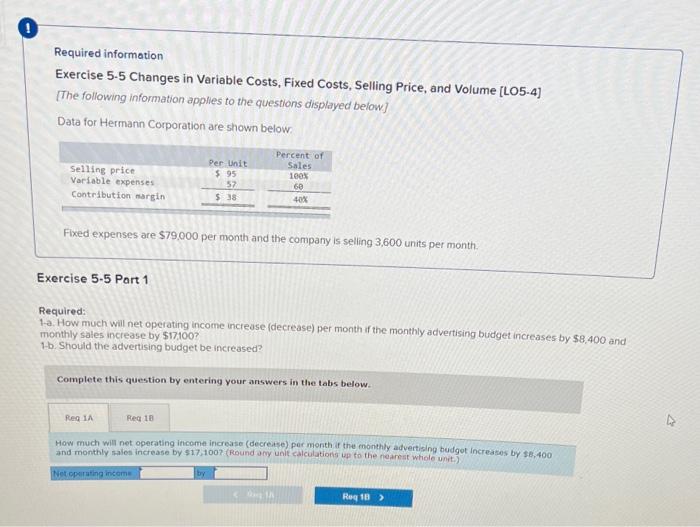 Solved Required information Exercise 5-5 Changes in Variable | Chegg.com