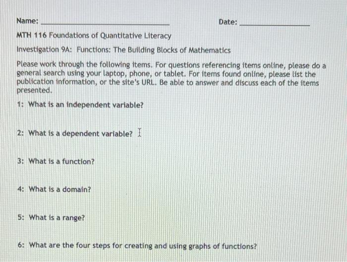 Solved Name: Date: MTH 116 Foundations of Quantitative | Chegg.com