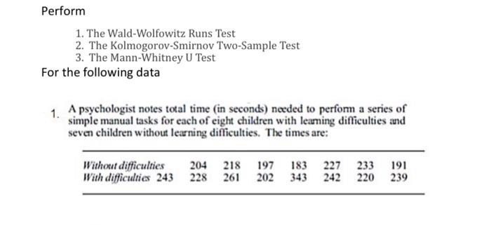 Solved Perform 1. The Wald-Wolfowitz Runs Test 2. The | Chegg.com