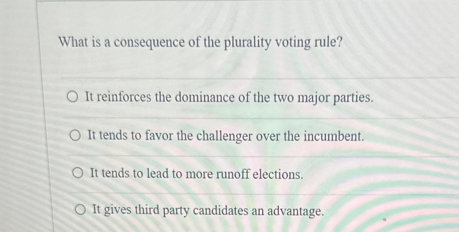 Solved What is a consequence of the plurality voting rule?It | Chegg.com
