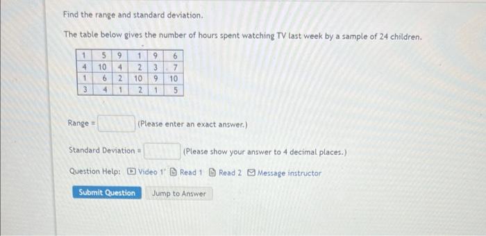 Solved Find the range and standard deviation. The table | Chegg.com