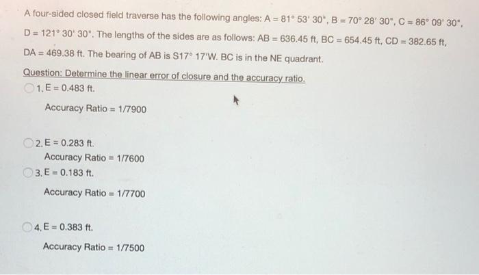 Solved A four-sided closed field traverse has the following | Chegg.com