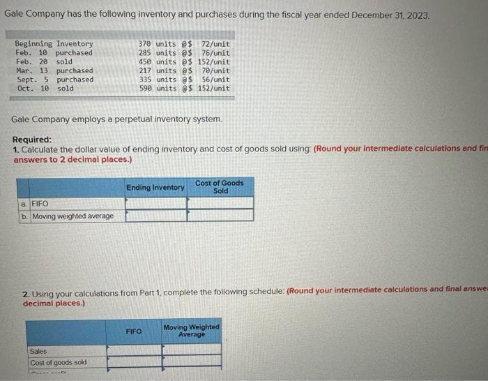 Solved Gale Company has the following inventory and | Chegg.com