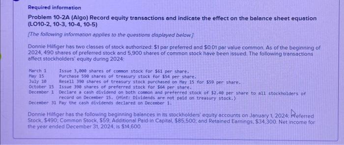 Solved Required information Problem 10-2A (Algo) Record | Chegg.com