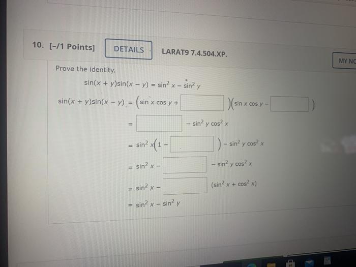 Solved 10. [-/1 Points) DETAILS LARAT9 7.4.504.XP. MY NC | Chegg.com Solved 10. [-/1 Points) DETAILS LARAT9 7.4.504.XP. MY NC | Chegg.com
