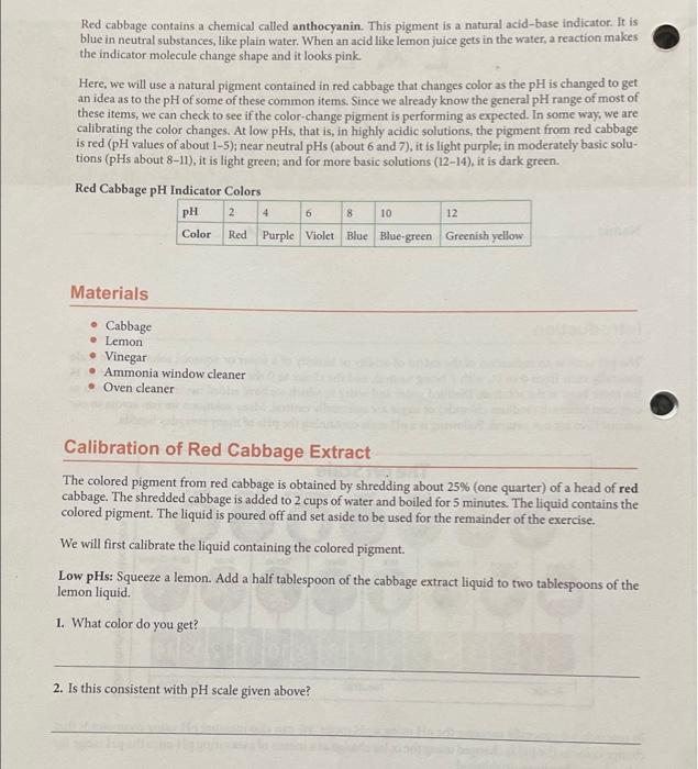 Solved Red cabbage contains a chemical called anthocyanin. | Chegg.com