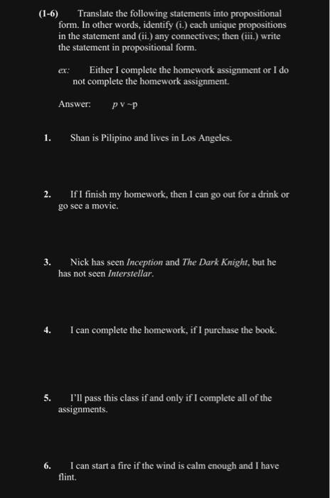 (1-6) Translate the following statements into | Chegg.com