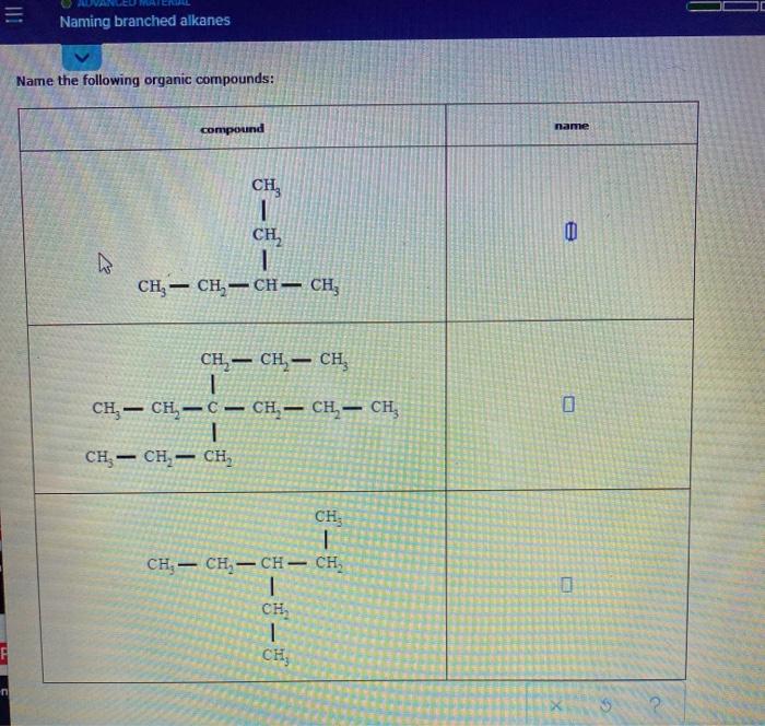 Solved = Naming branched alkanes Name the following organic | Chegg.com