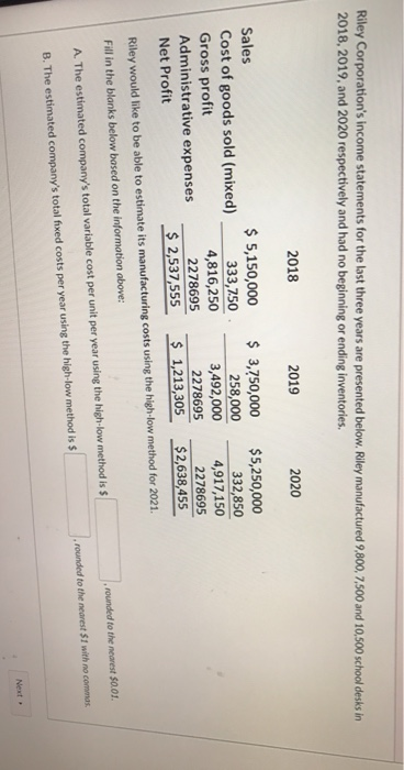Solved Riley Corporation's income statements for the last | Chegg.com